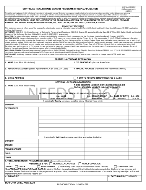 DD Form 2837 Download Fillable PDF or Fill Online Continued Health Care ...