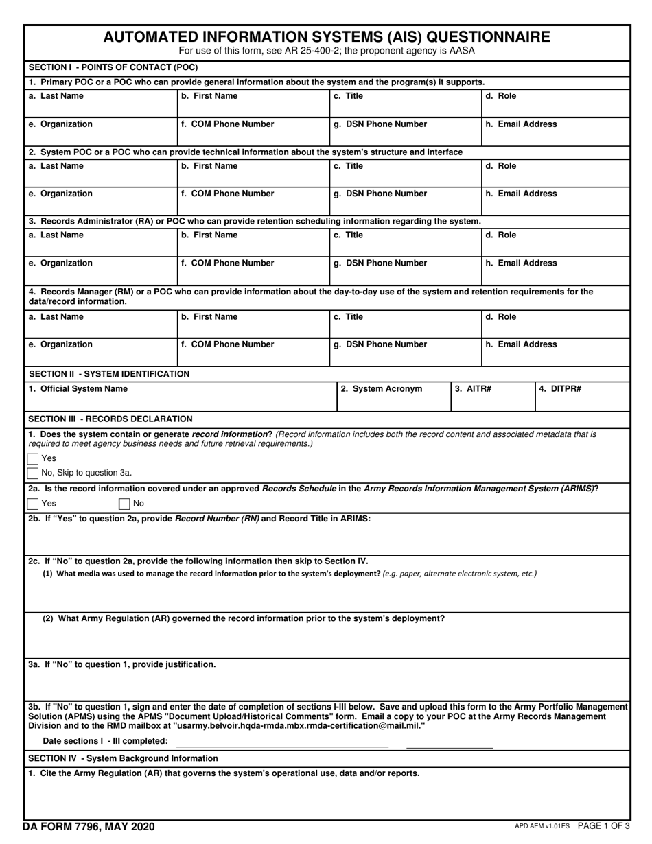 DA Form 7796 - Fill Out, Sign Online and Download Fillable PDF ...