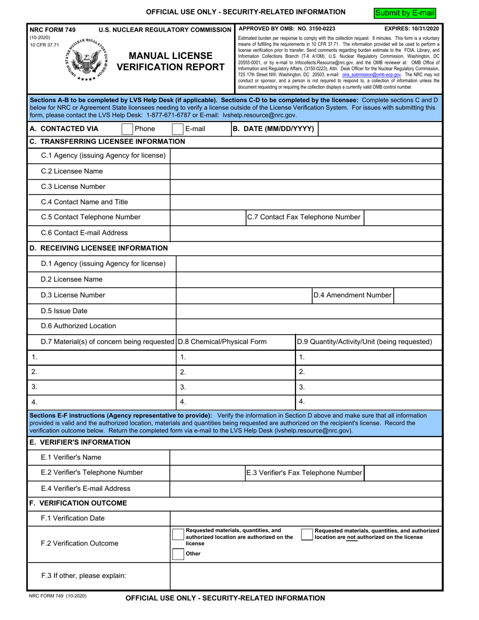 NRC Form 749 Download Fillable PDF or Fill Online Manual License ...
