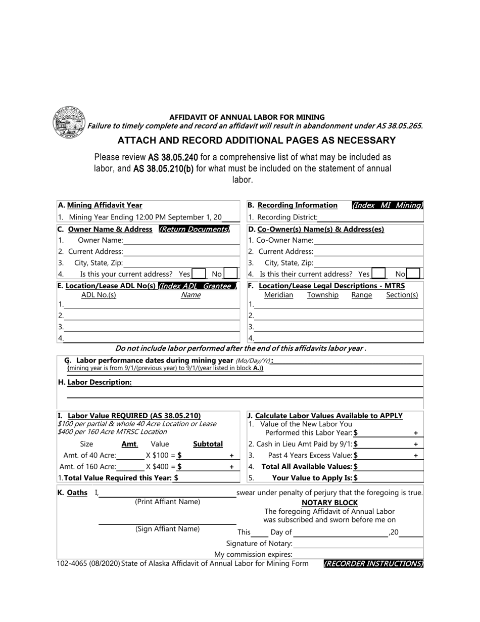 Form 102-4065 Download Fillable PDF or Fill Online Affidavit of Annual ...