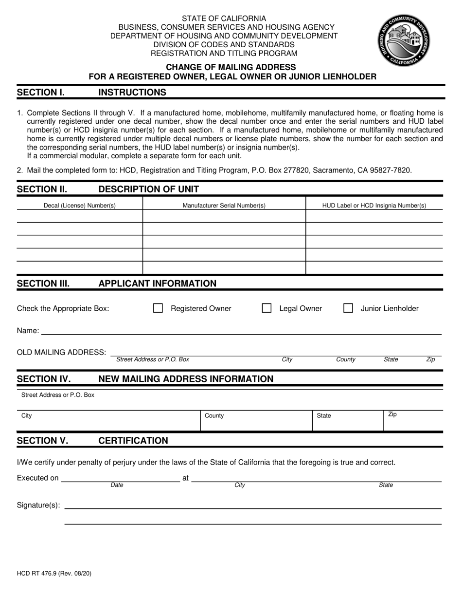 Form HCD RT476.9 Download Fillable PDF or Fill Online Change of Mailing ...