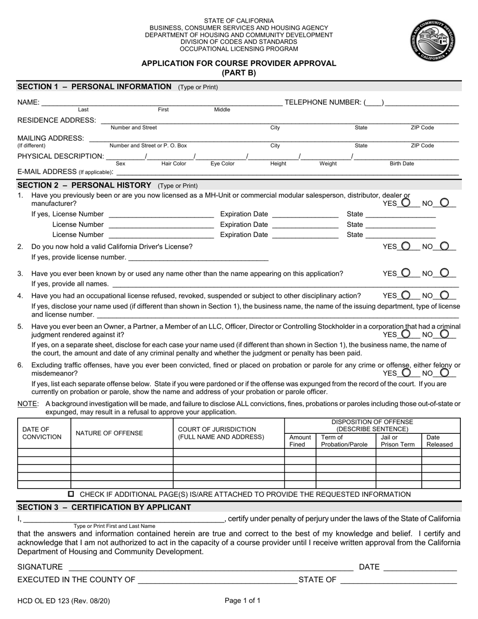 Form HCD OL ED123 Part B - Fill Out, Sign Online and Download Fillable ...