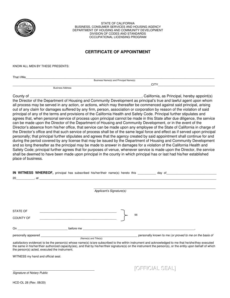 Form HCD OL28 Download Fillable PDF or Fill Online Certificate of ...