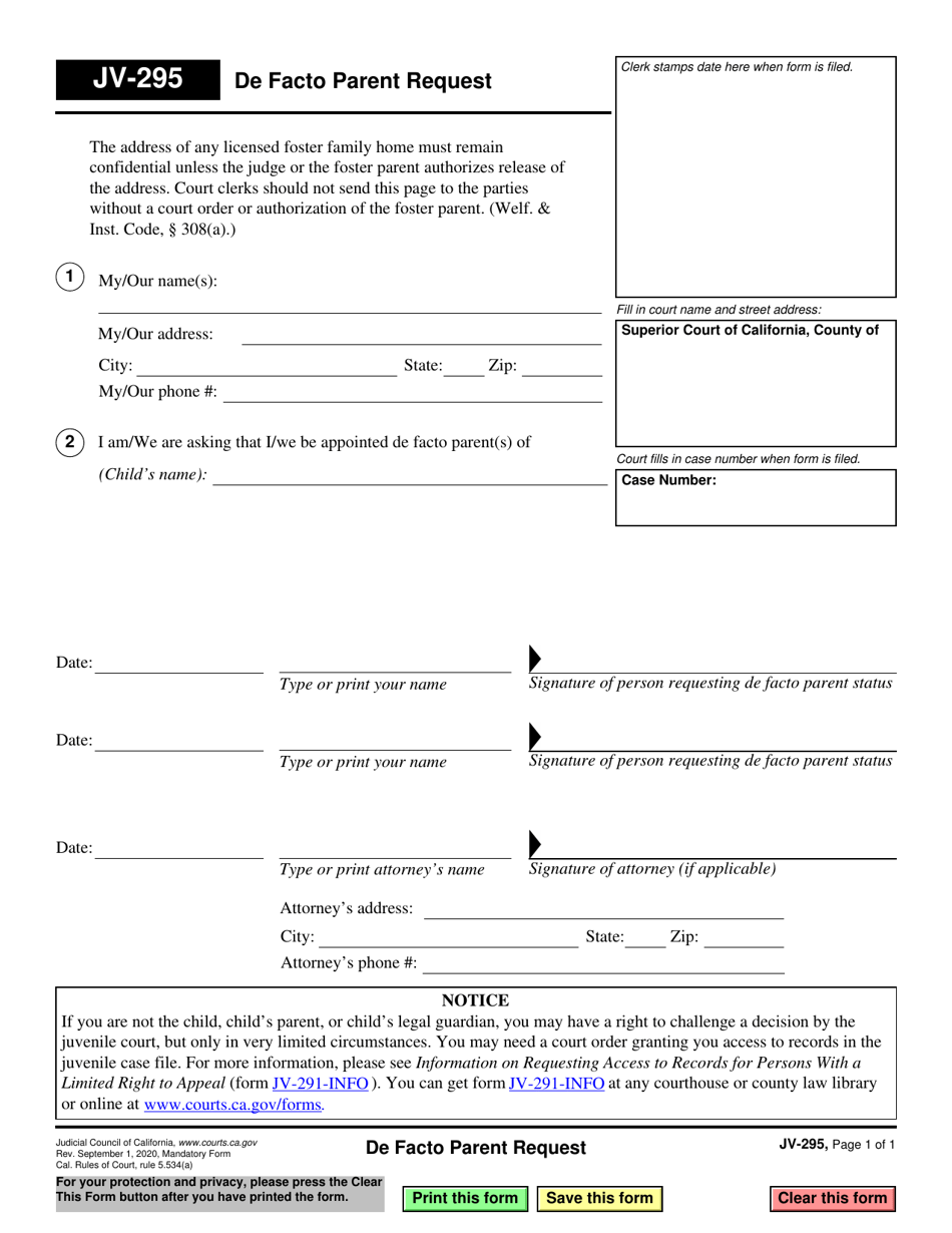 Form JV-295 Download Fillable PDF or Fill Online De Facto Parent ...