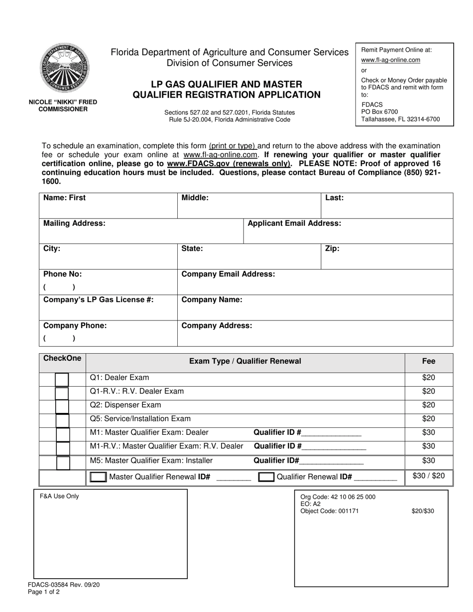 Form FDACS-03584 Download Fillable PDF or Fill Online Lp Gas Qualifier ...