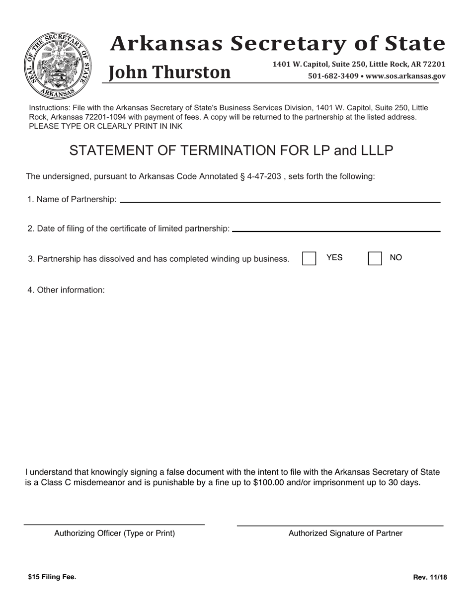 Arkansas Statement of Termination for Lp and Lllp - Fill Out, Sign ...