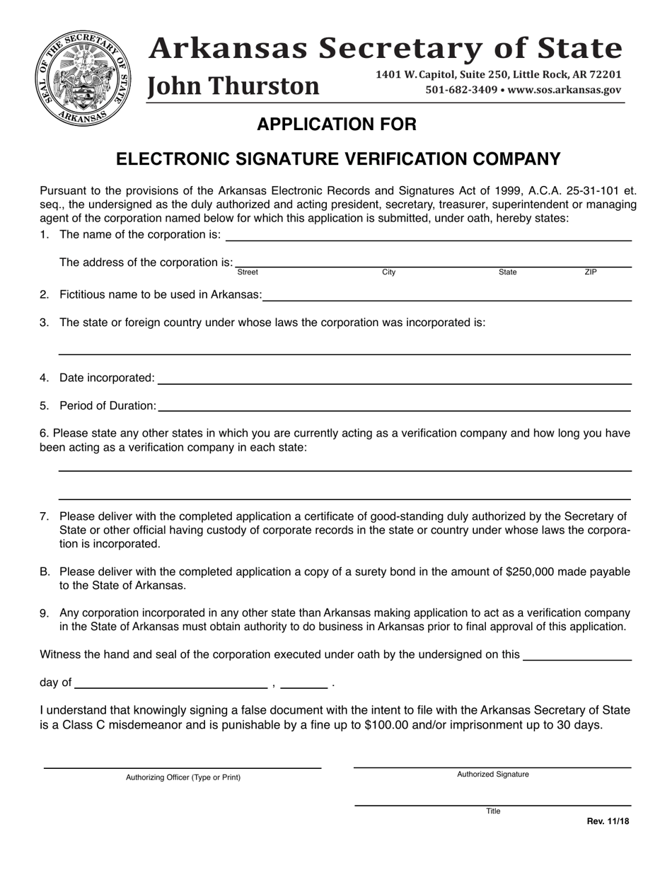 Arkansas Application for Electronic Signature Verification Company ...