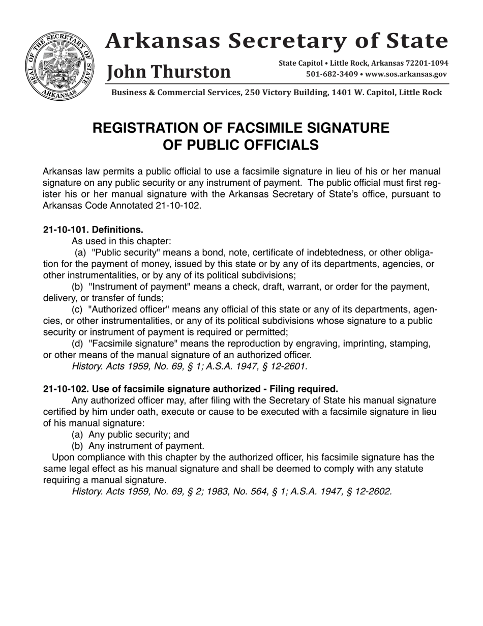 Arkansas Registration of Facsimile Signature of Public Officials - Fill ...