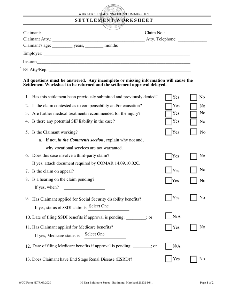 WCC Form H07R Download Fillable PDF or Fill Online Settlement Worksheet ...