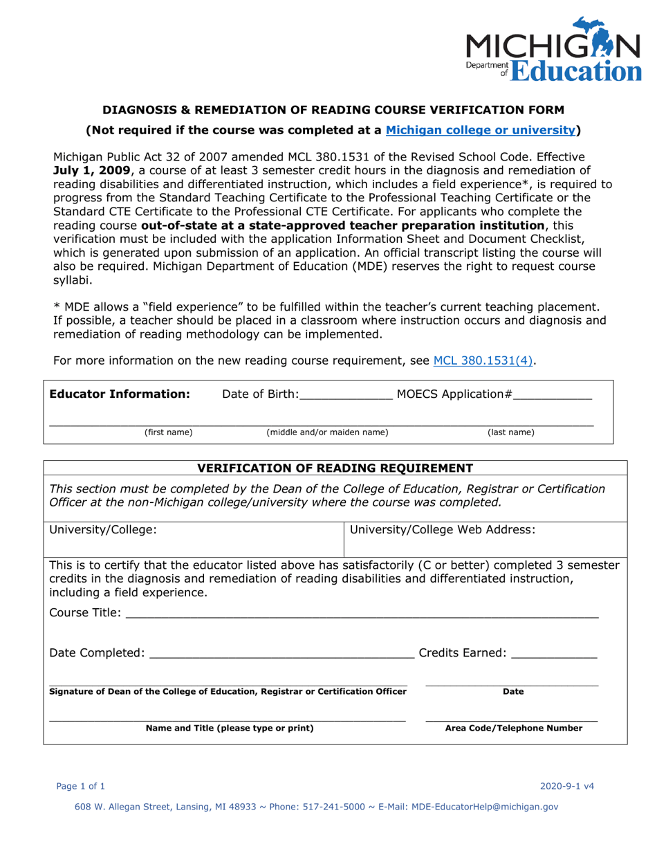 Michigan Diagnosis & Remediation of Reading Course Verification Form ...