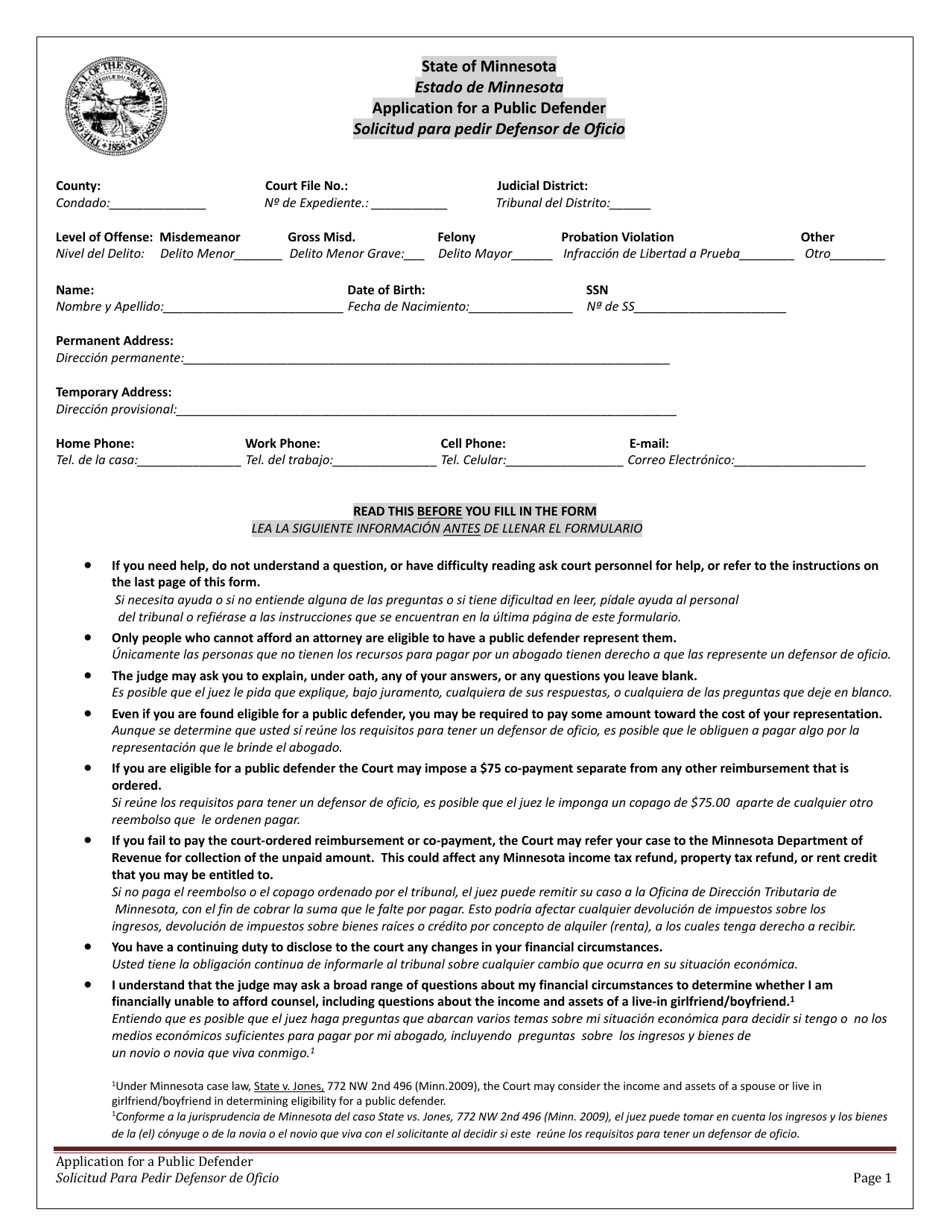 Minnesota Application for a Public Defender (English/Spanish) - Fill ...
