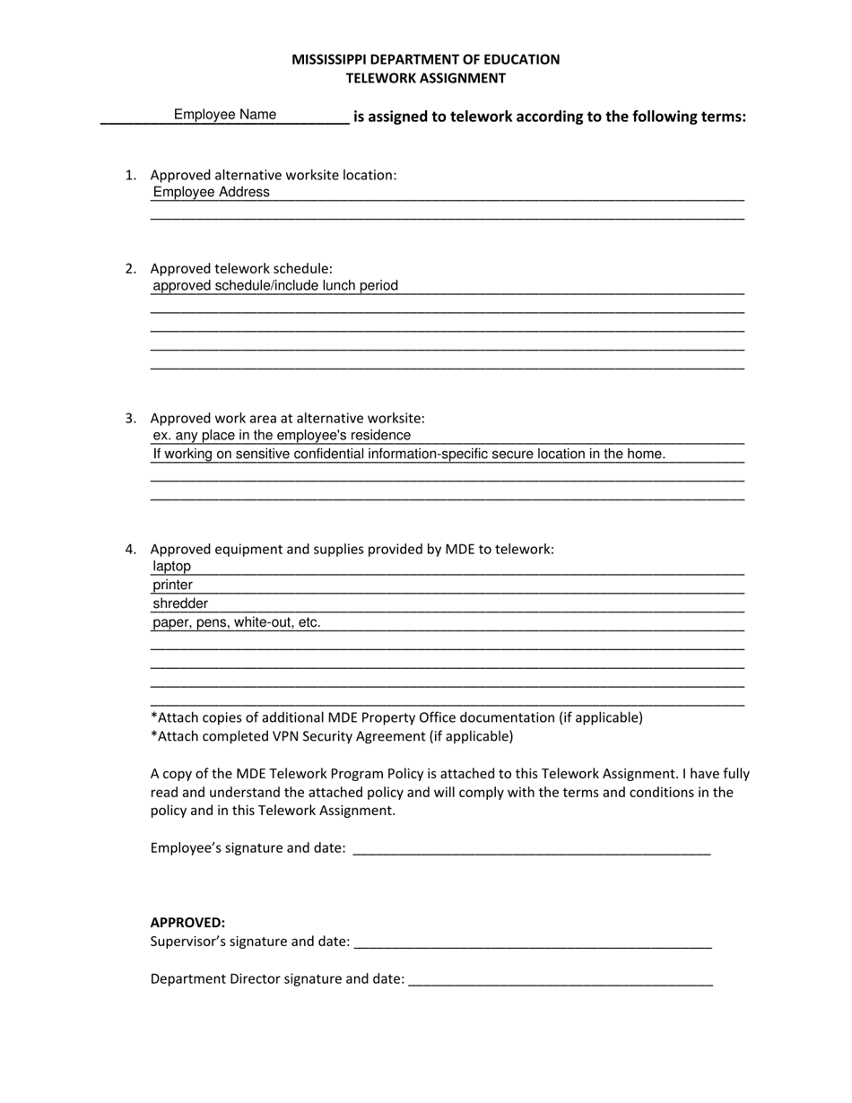 Mississippi Telework Assignment - Fill Out, Sign Online and Download ...
