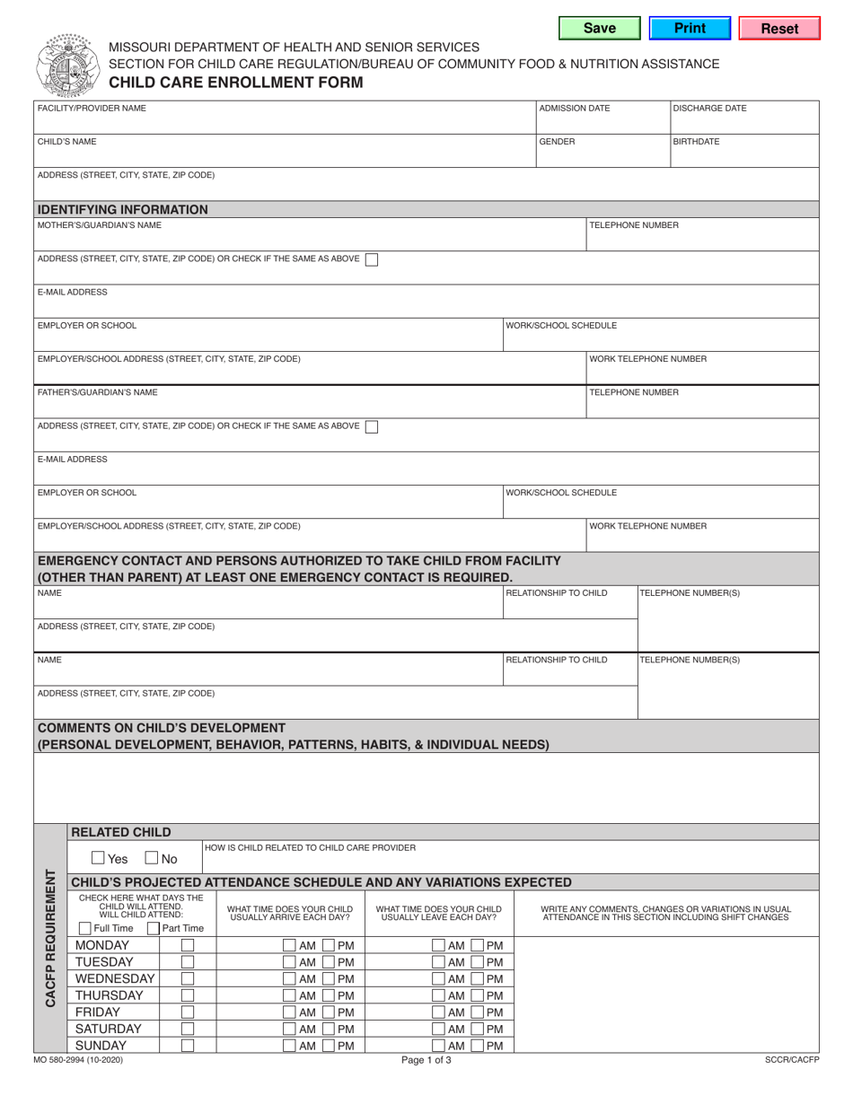 Form MO580-2994 Download Fillable PDF or Fill Online Child Care ...