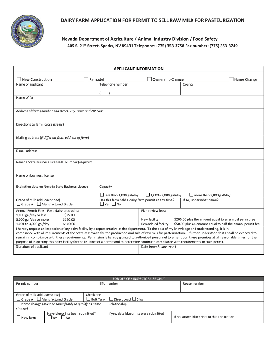 Nevada Dairy Farm Application for Permit to Sell Raw Milk for ...