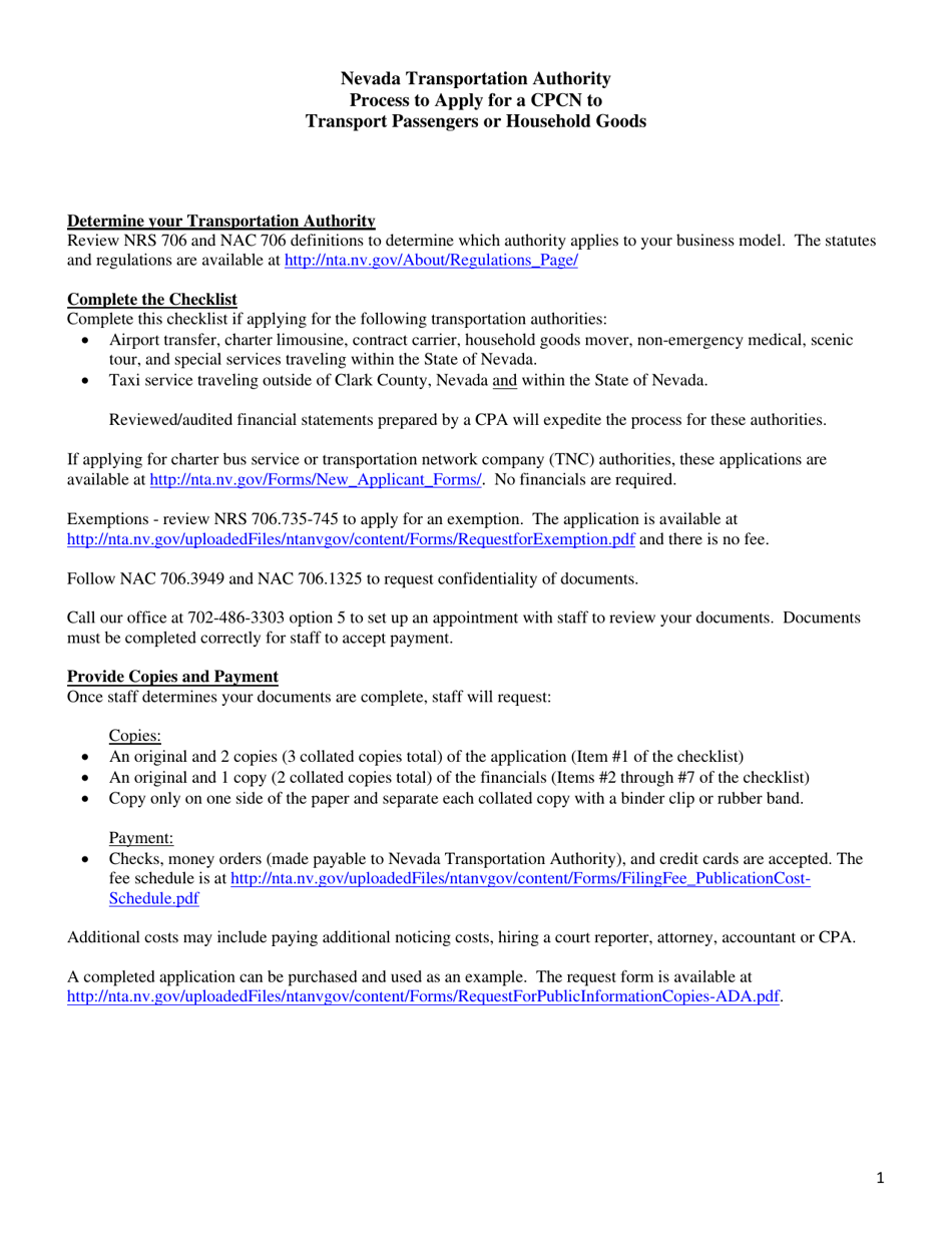 Nevada Application for a New or Expanded Certificate or Order and ...