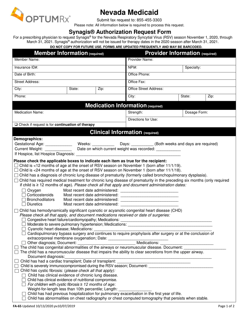 Form FA-65 Download Fillable PDF or Fill Online Synagis Authorization Request Form Nevada ...