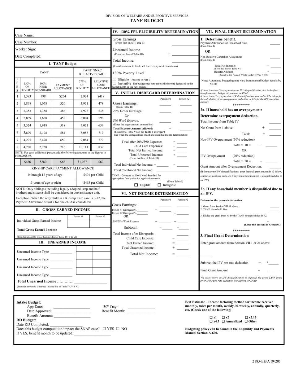 Form 2183-EE/A Download Fillable PDF or Fill Online TANF Budget Nevada ...