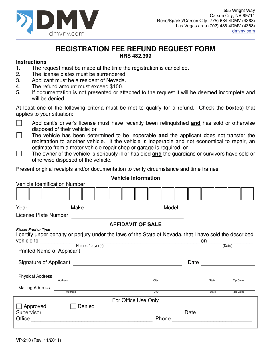 Form VP-210 - Fill Out, Sign Online and Download Fillable PDF, Nevada ...