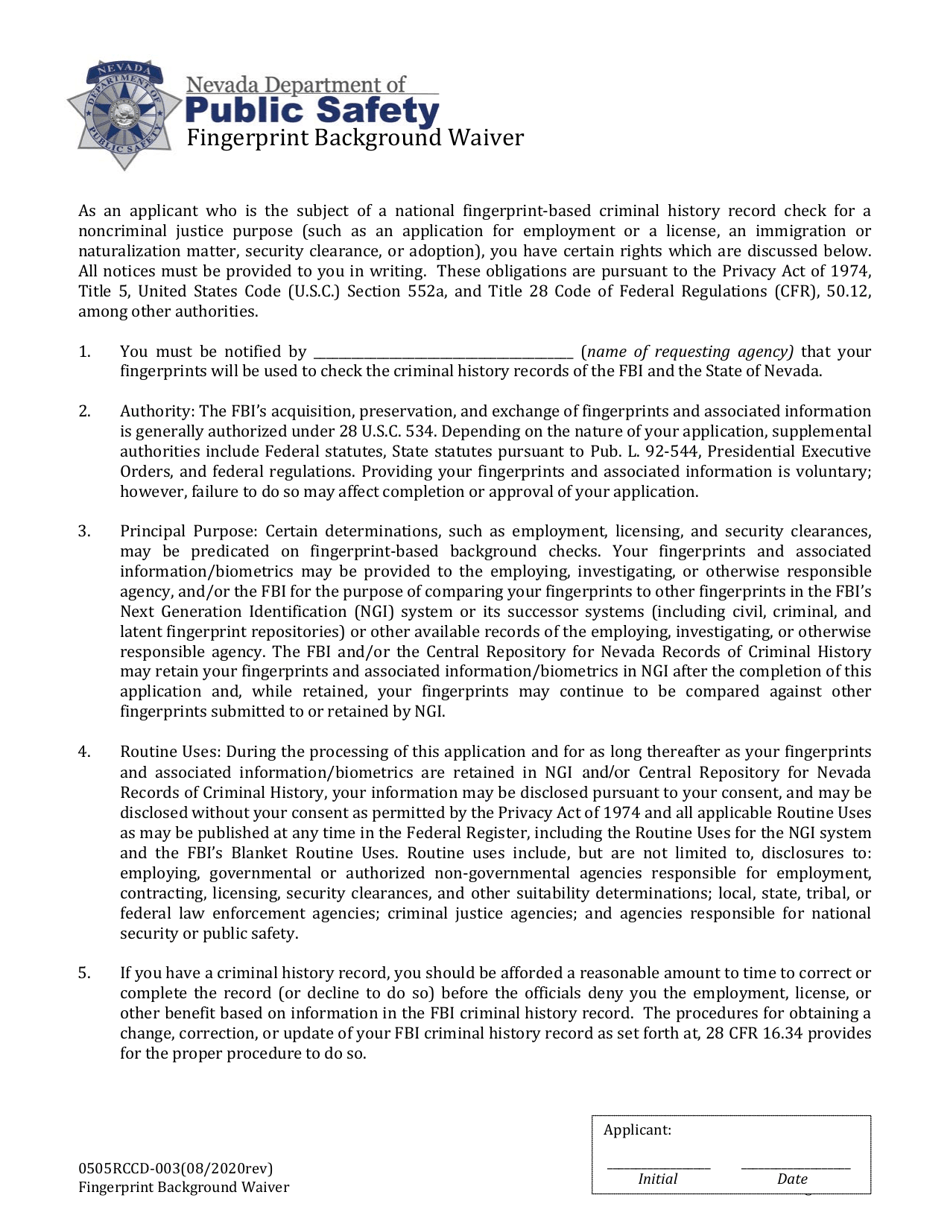 Form 0505RCCD-003 Download Fillable PDF or Fill Online Fingerprint ...