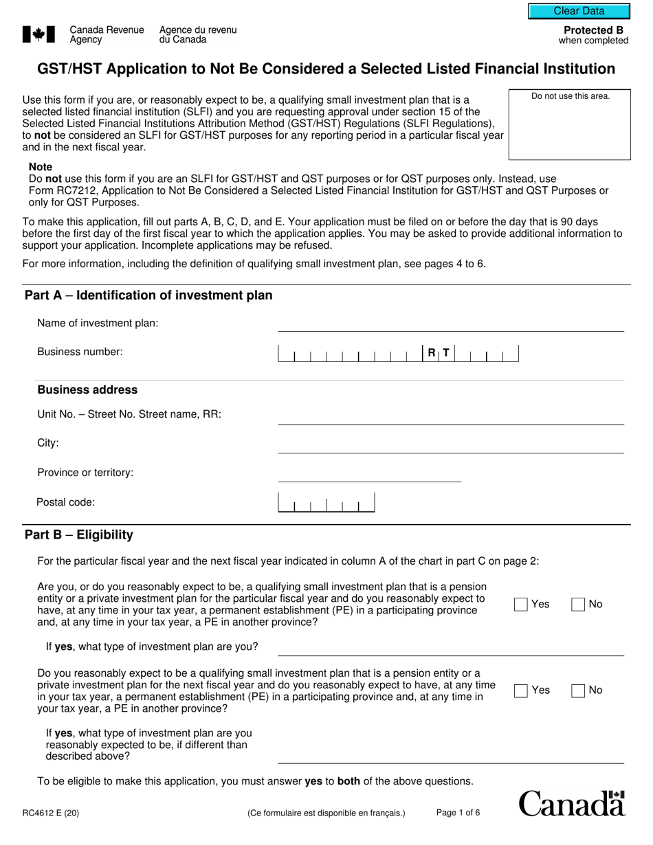 Form RC4612 Download Fillable PDF or Fill Online Gst/Hst Application to ...