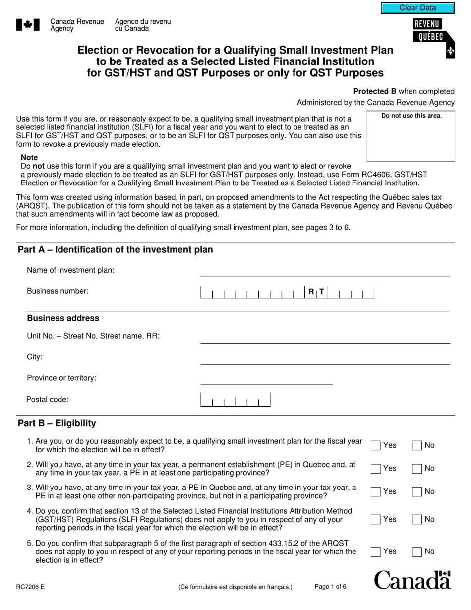 Form RC7206 - Fill Out, Sign Online and Download Fillable PDF, Canada ...