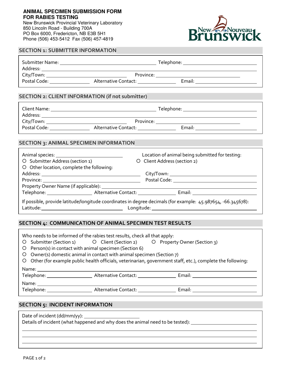 New Brunswick Canada Animal Specimen Submission Form for Rabies Testing ...