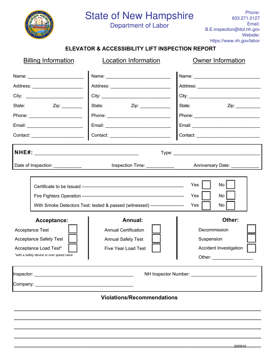 New Hampshire Elevator & Accessibility Lift Inspection Report - Fill ...