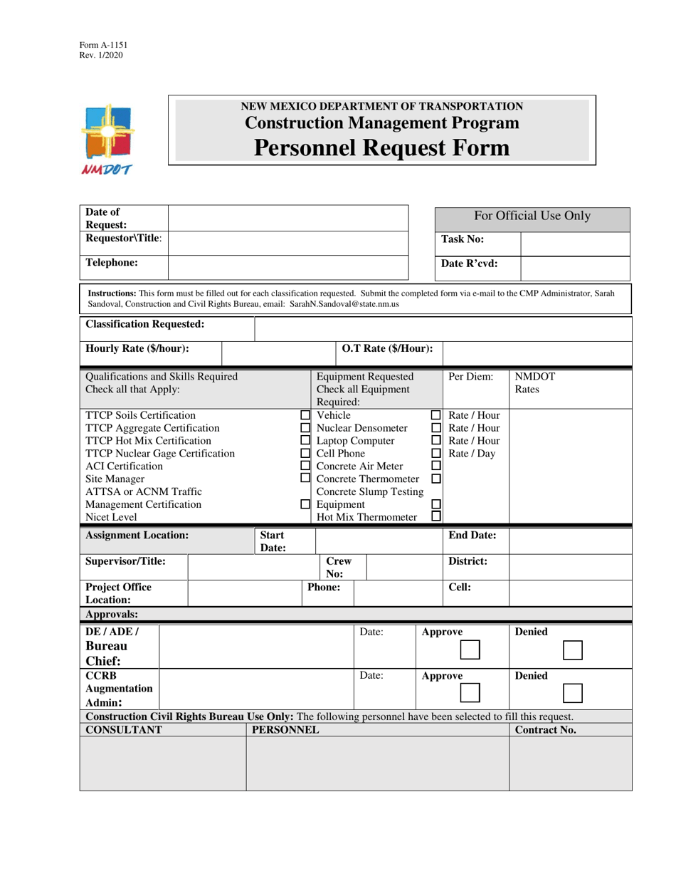 Form A-1151 Download Fillable PDF or Fill Online Personnel Request Form ...