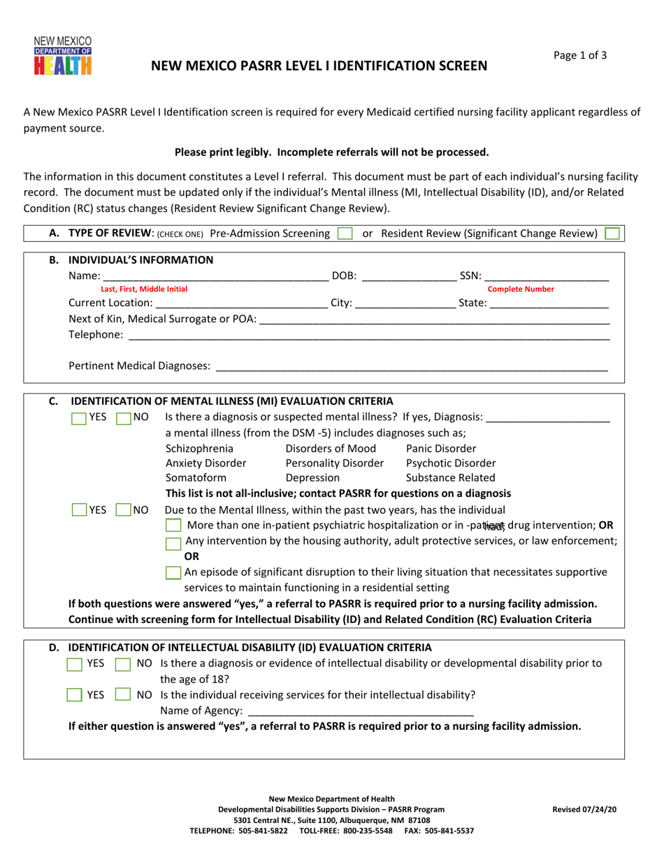 New Mexico New Mexico Pasrr Level I Identification Screen - Fill Out ...
