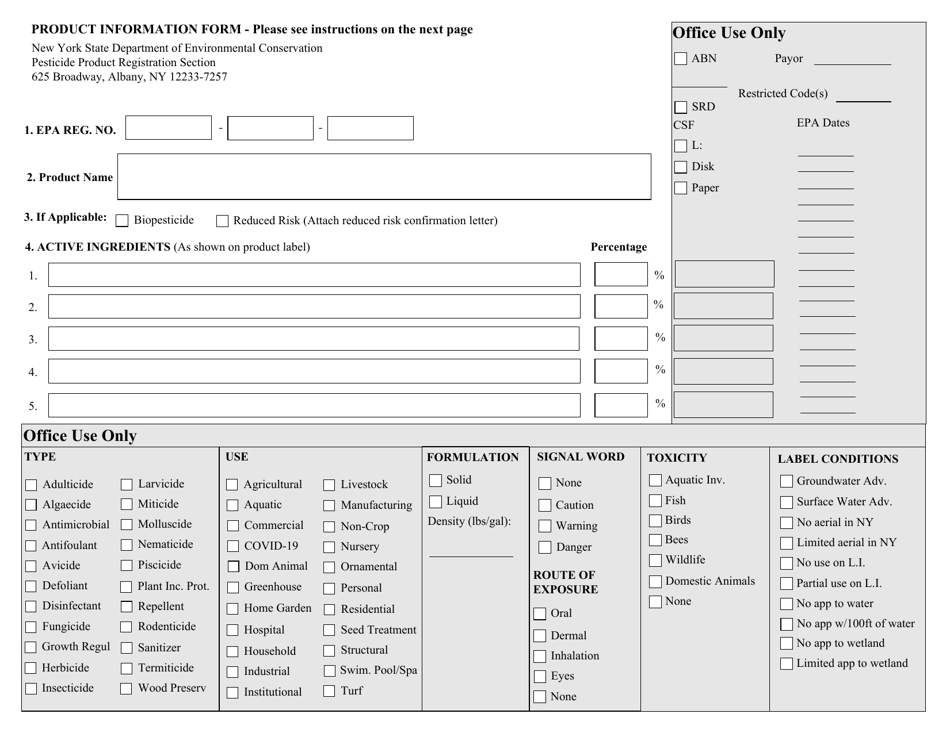 New York Product Information Form for Registration of a Pesticide ...