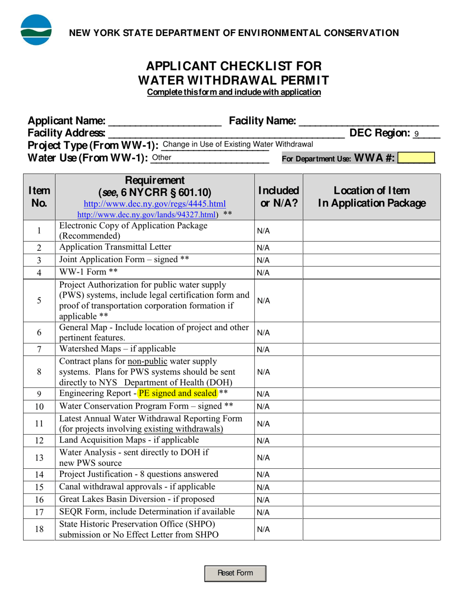 New York Applicant Checklist for Water Withdrawal Permit - Fill Out ...