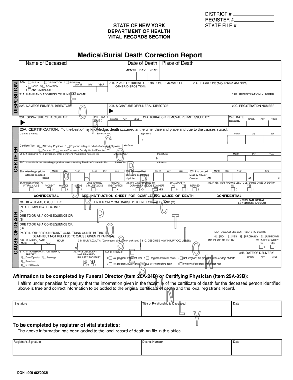 Form DOH-1999 - Fill Out, Sign Online and Download Printable PDF, New ...