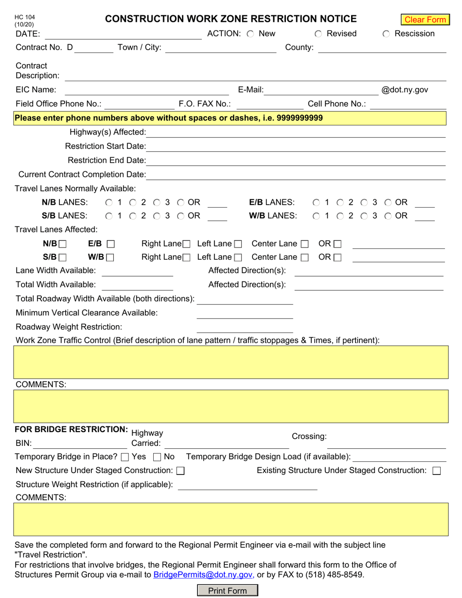 Form HC104 Download Fillable PDF or Fill Online Construction Work Zone ...
