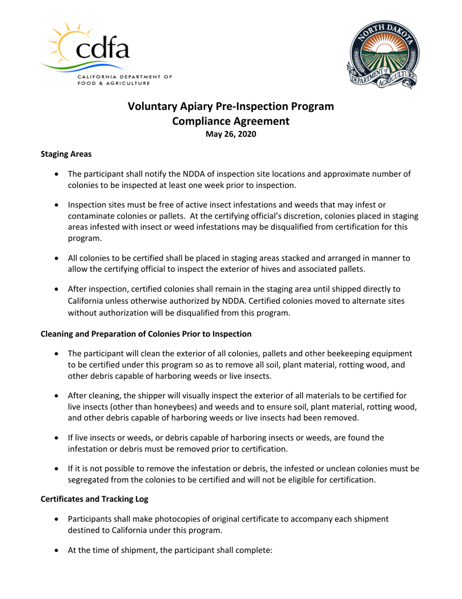 North Dakota Voluntary Apiary Pre-inspection Program Compliance ...