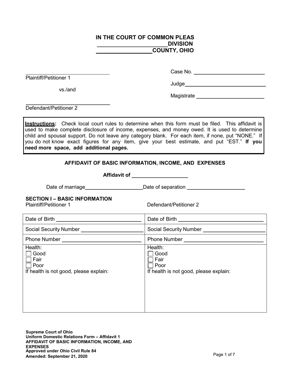Ohio Affidavit of Basic Information, Income, and Expenses - Fill Out ...