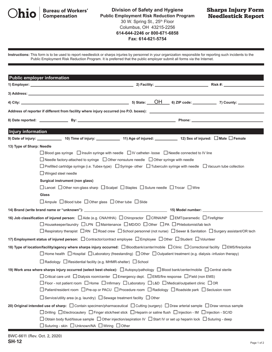 Form SH-12 (BWC-6611) Download Printable PDF or Fill Online Sharps ...