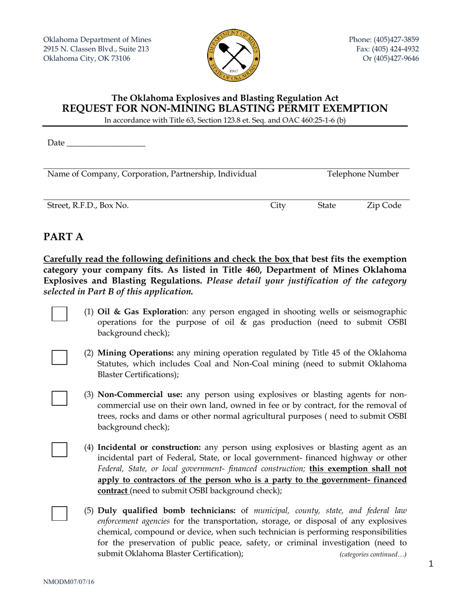 Oklahoma Request for Non-mining Blasting Permit Exemption - Fill Out ...
