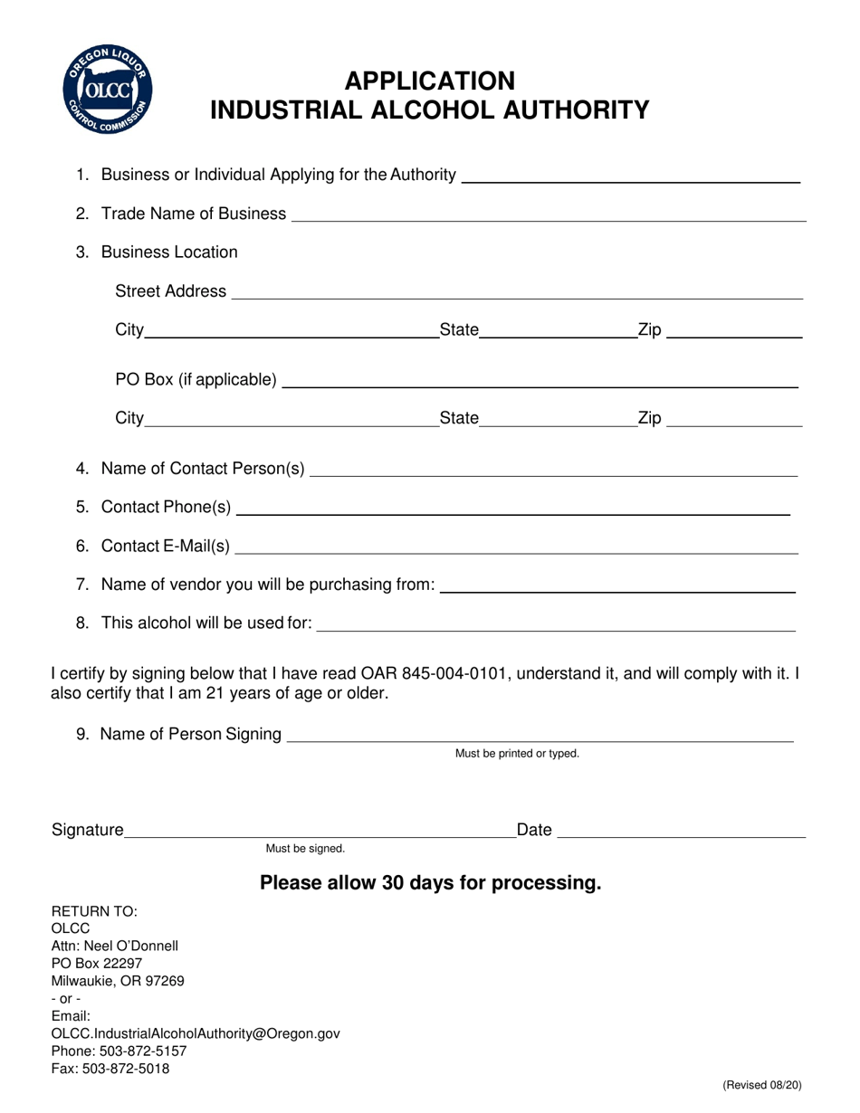 Oregon Industrial Alcohol Authority Application - Fill Out, Sign Online ...