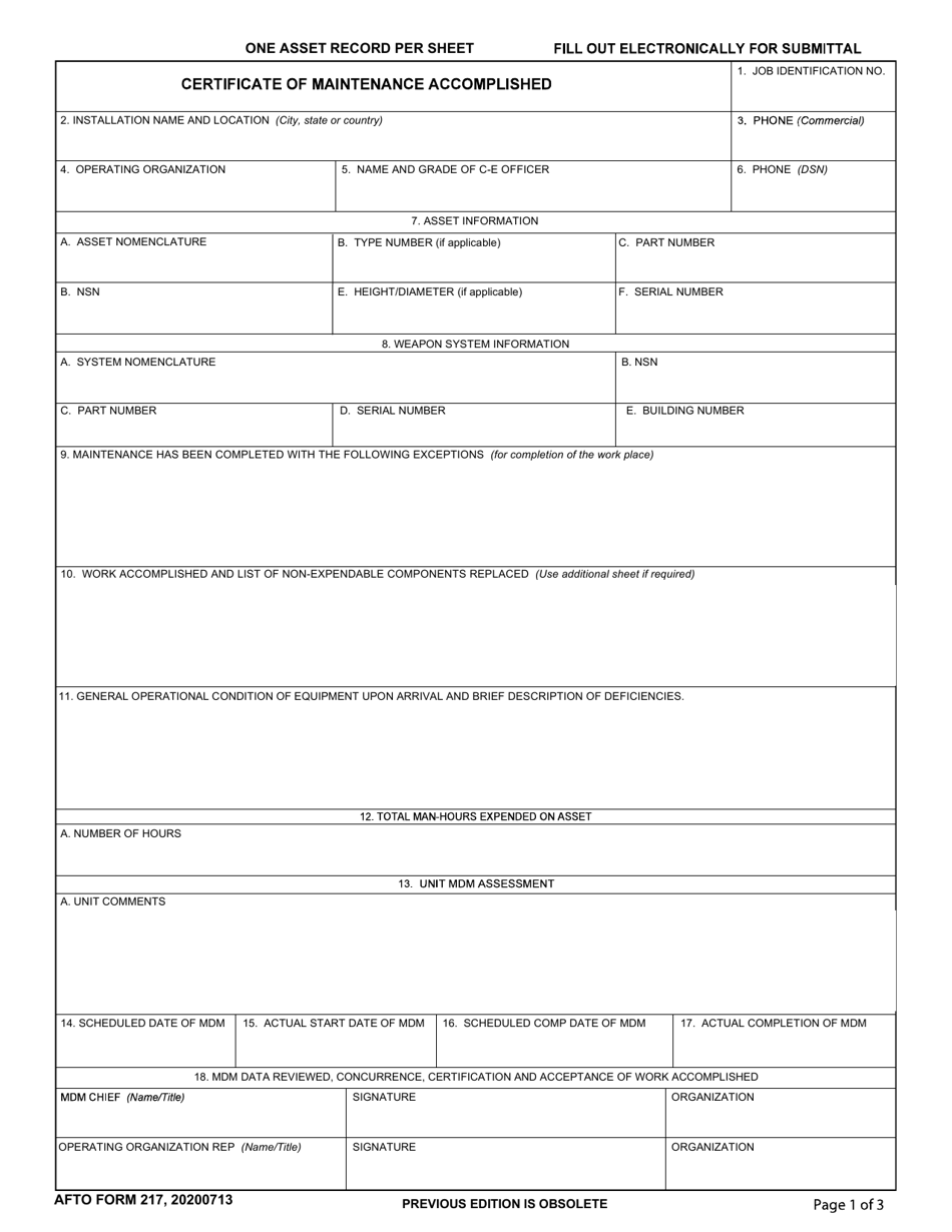 AFTO Form 217 Download Fillable PDF or Fill Online Certificate of ...