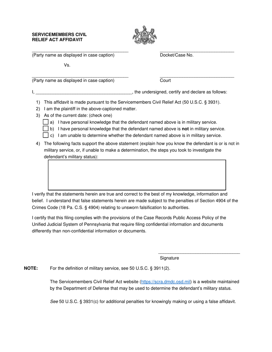 Pennsylvania Servicemembers Civil Relief Act Affidavit - Fill Out, Sign ...