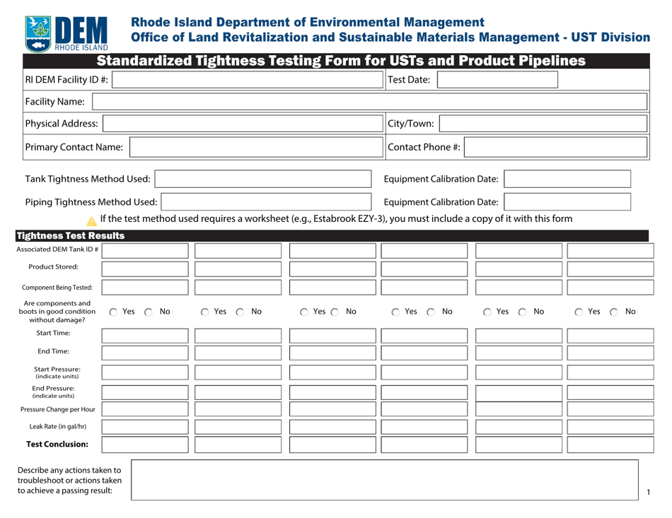 Rhode Island Standardized Tightness Testing Form for Usts and Product ...