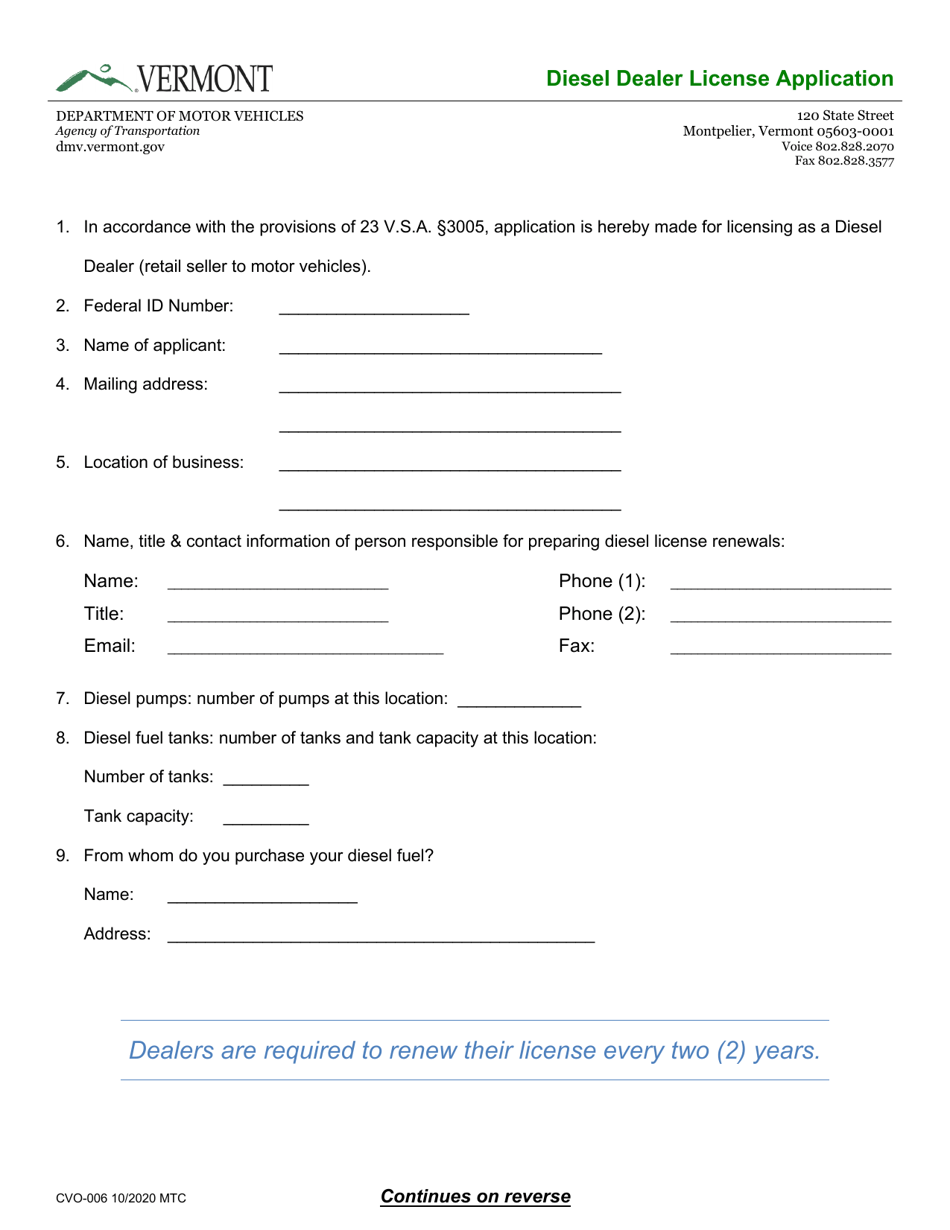 Form CVO-006 - Fill Out, Sign Online and Download Fillable PDF, Vermont ...