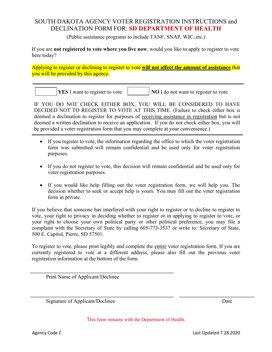 South Dakota South Dakota Declination Form for: SD Department of Health ...