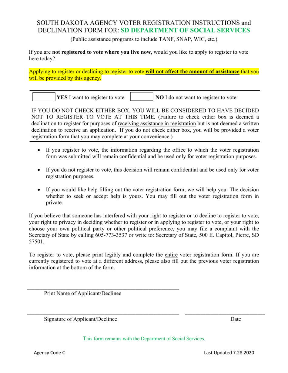 South Dakota South Dakota Declination Form for: SD Department of Social ...
