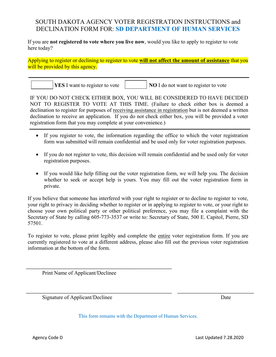 South Dakota South Dakota Declination Form for: SD Department of Human ...
