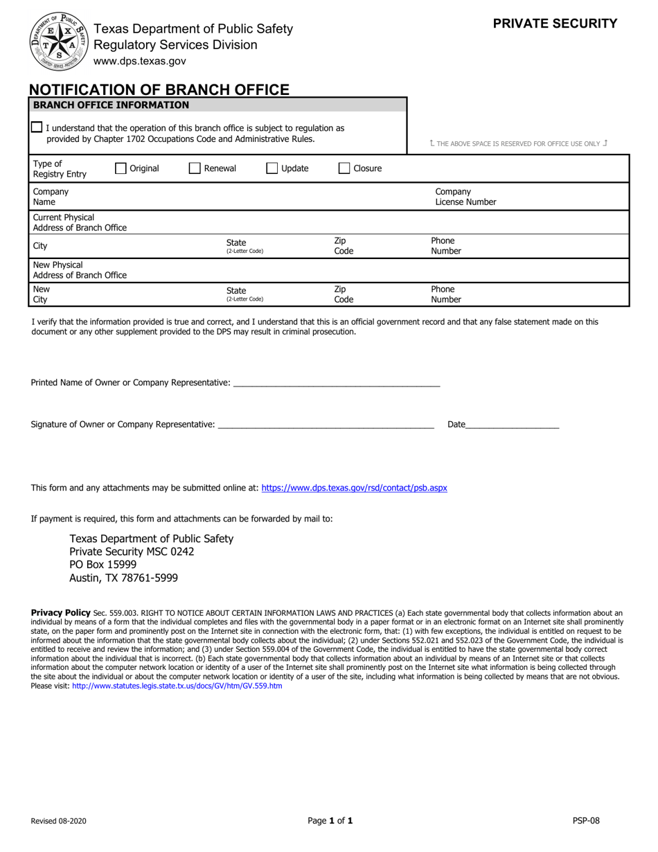 Form PSP-08 - Fill Out, Sign Online and Download Fillable PDF, Texas ...