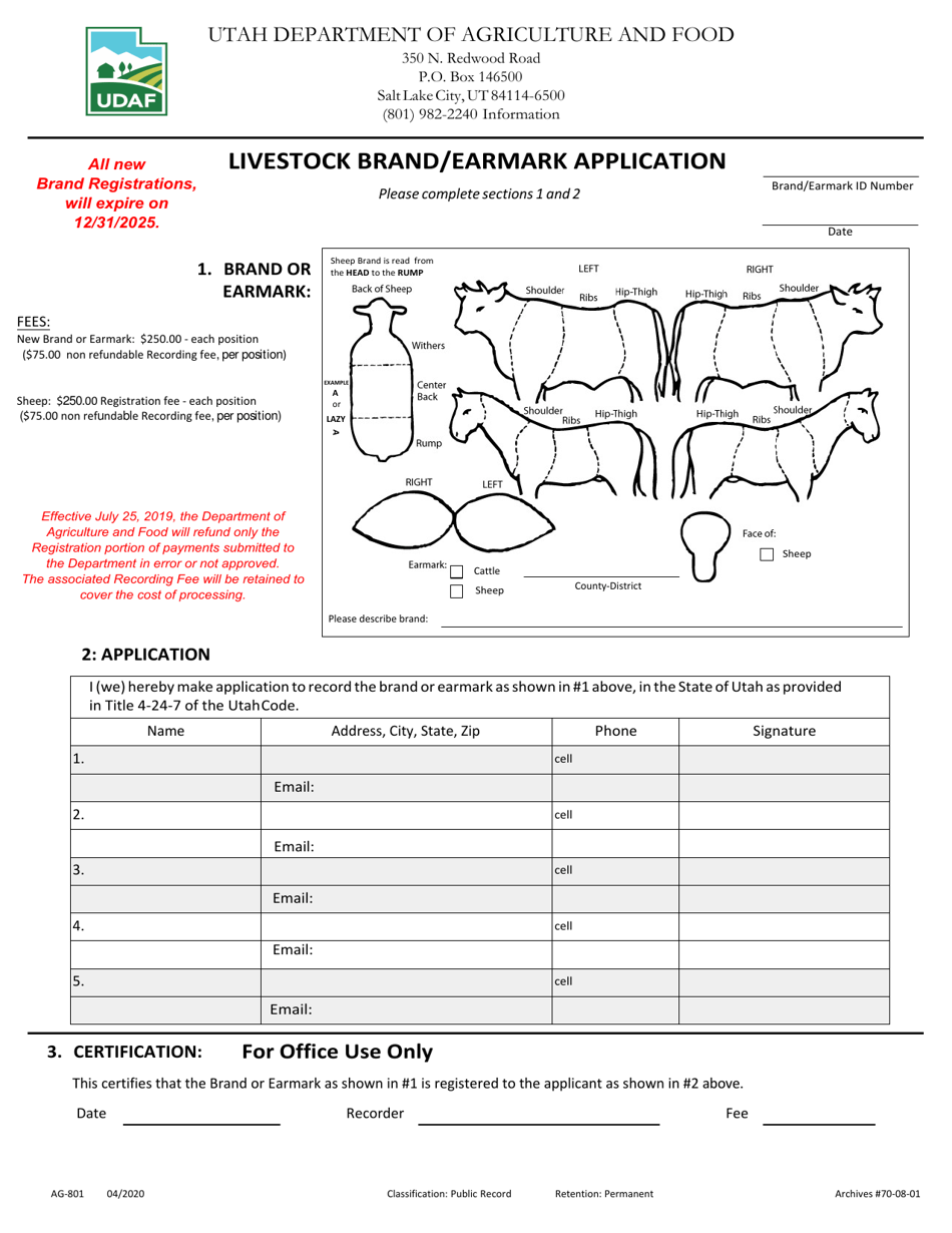 Form AG-801 - Fill Out, Sign Online and Download Fillable PDF, Utah ...