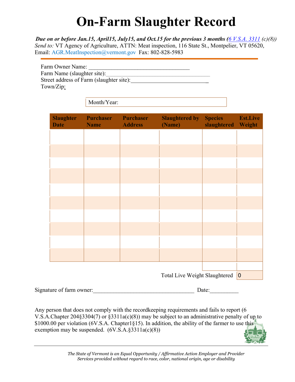Vermont On-Farm Slaughter Record - Fill Out, Sign Online and Download ...