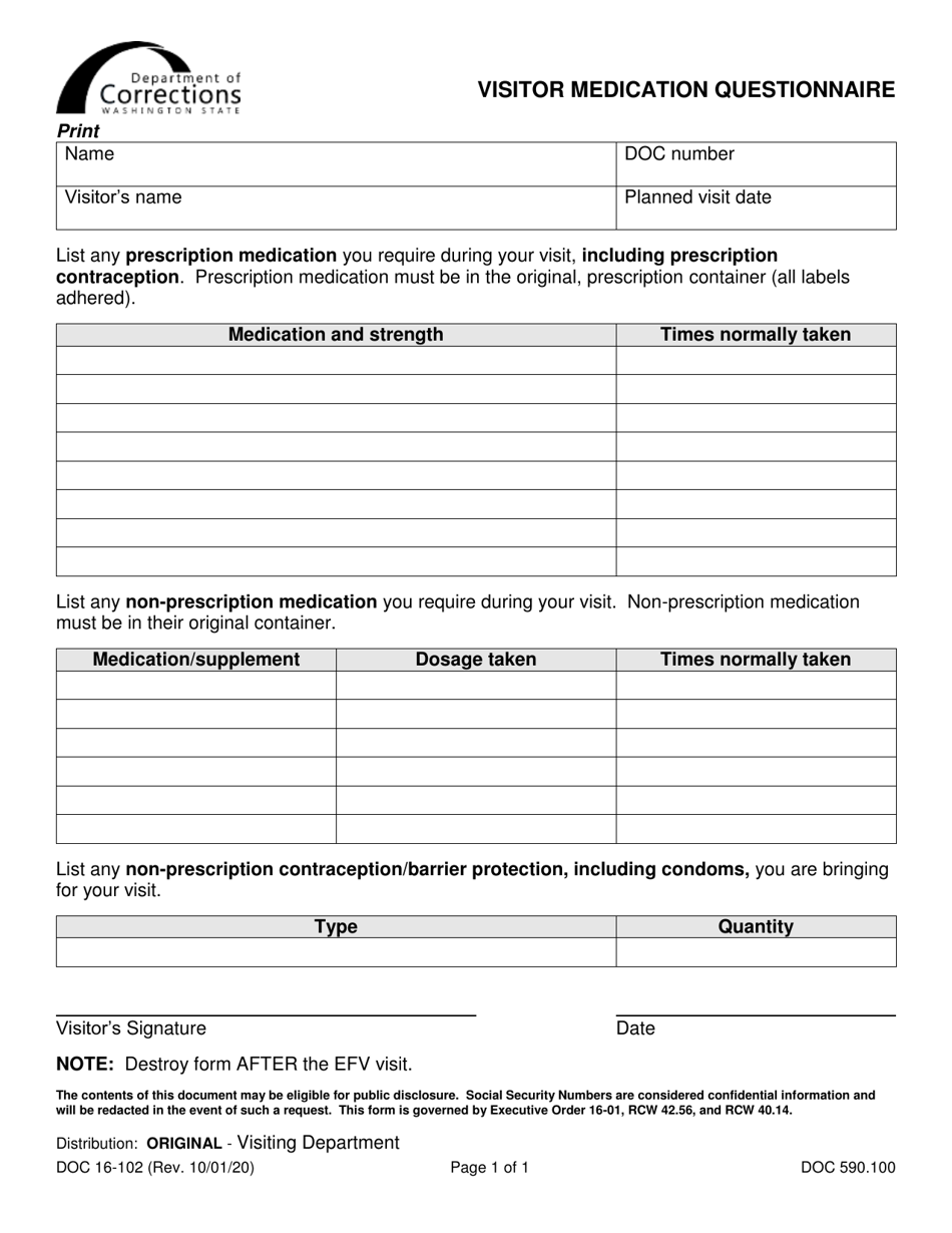 Form DOC16-102 Download Printable PDF or Fill Online Visitor Medication ...