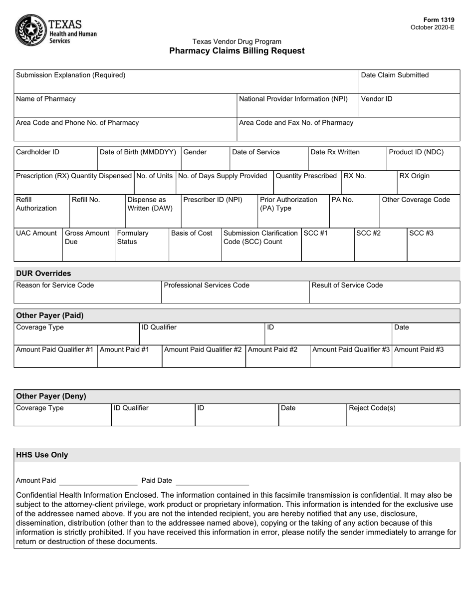 Form 1319 Download Fillable PDF or Fill Online Pharmacy Claims Billing ...